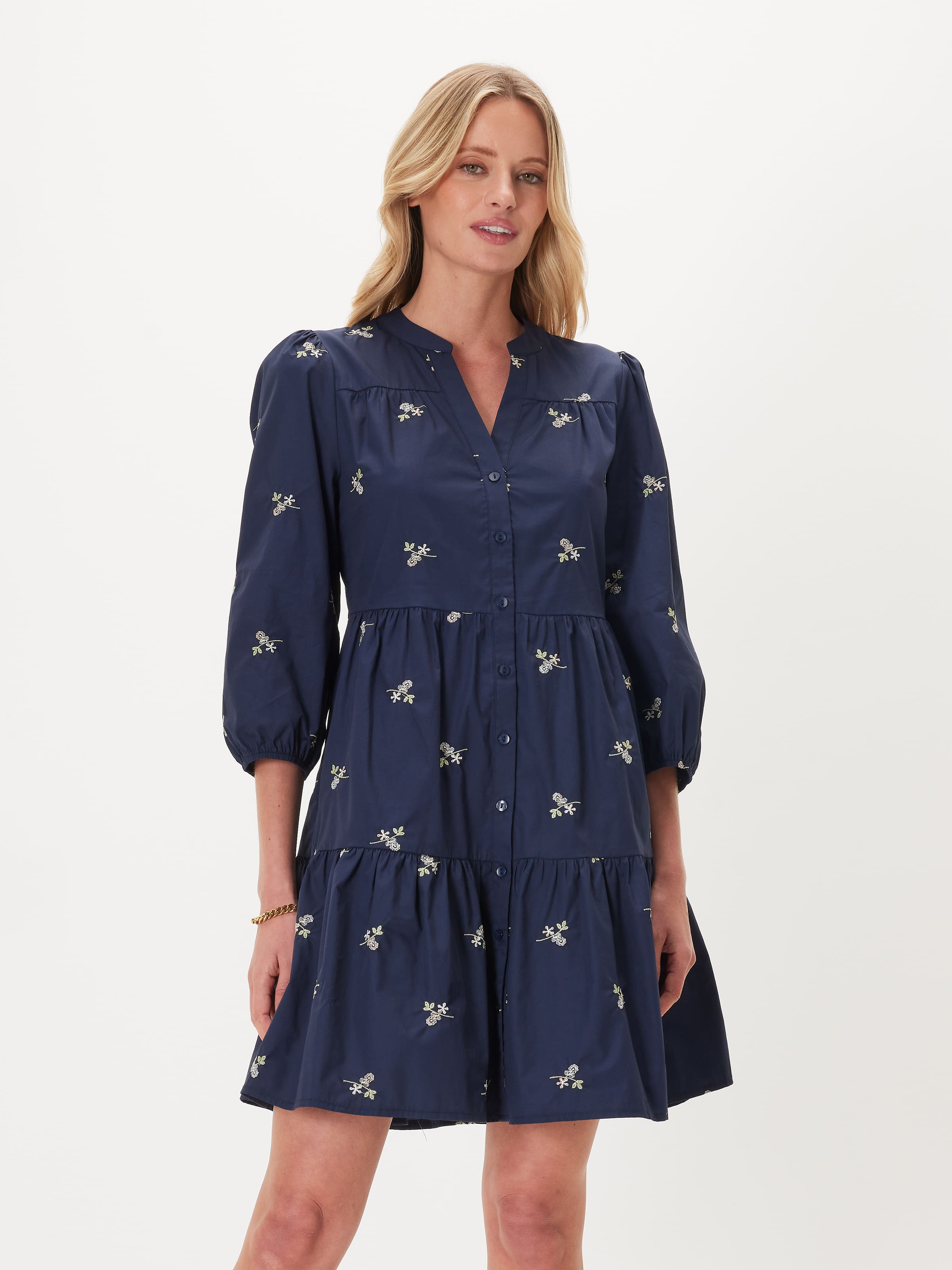 Ellie Tiered Shirt Dress Navy Leafy Embroidery - Portmans Online