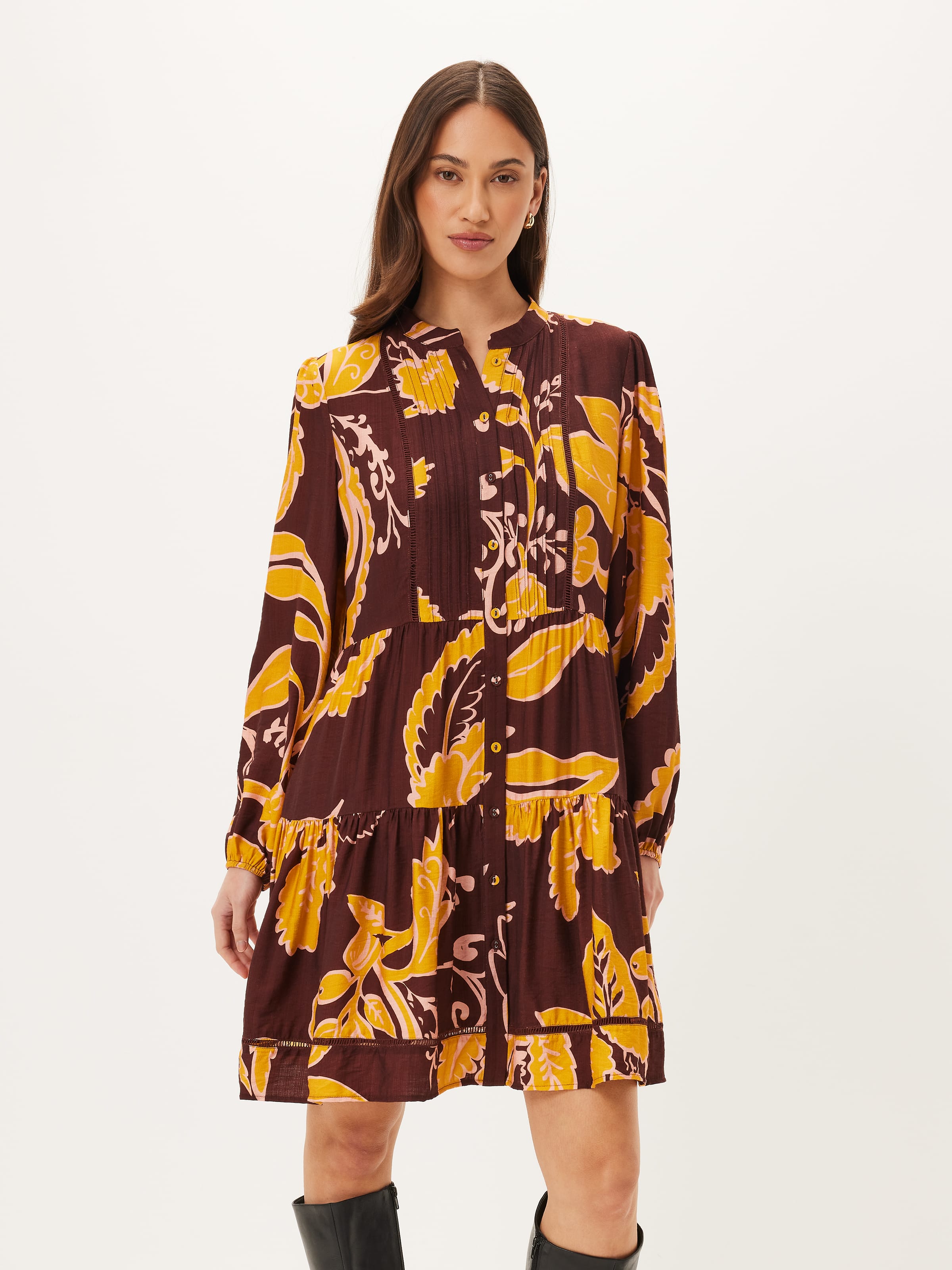 Millie Pintuck Long Sleeve Dress Blooming Cocoa - Portmans Online
