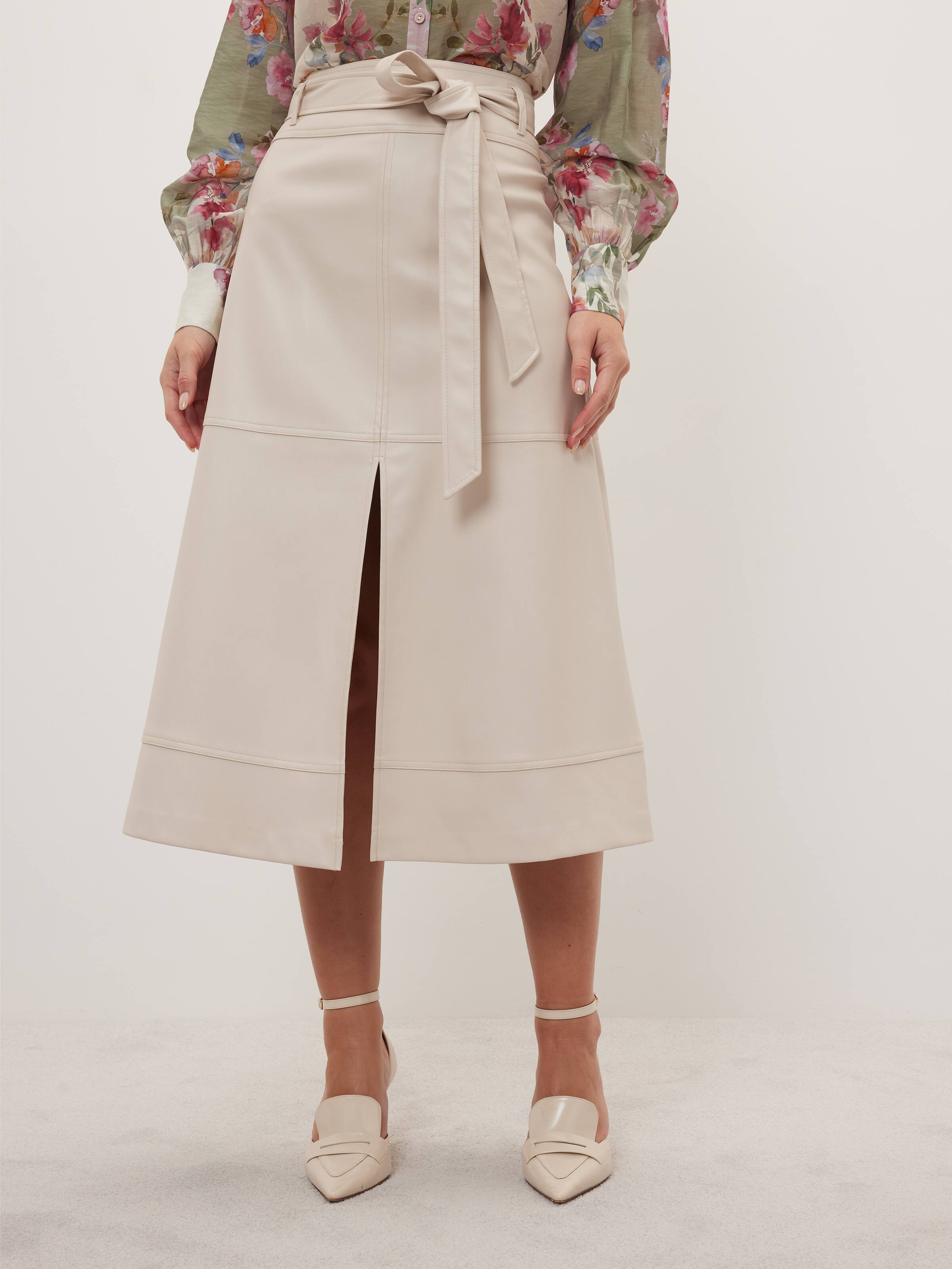 Peppa Faux Leather Tiered Midi Skirt Off White - Portmans Online