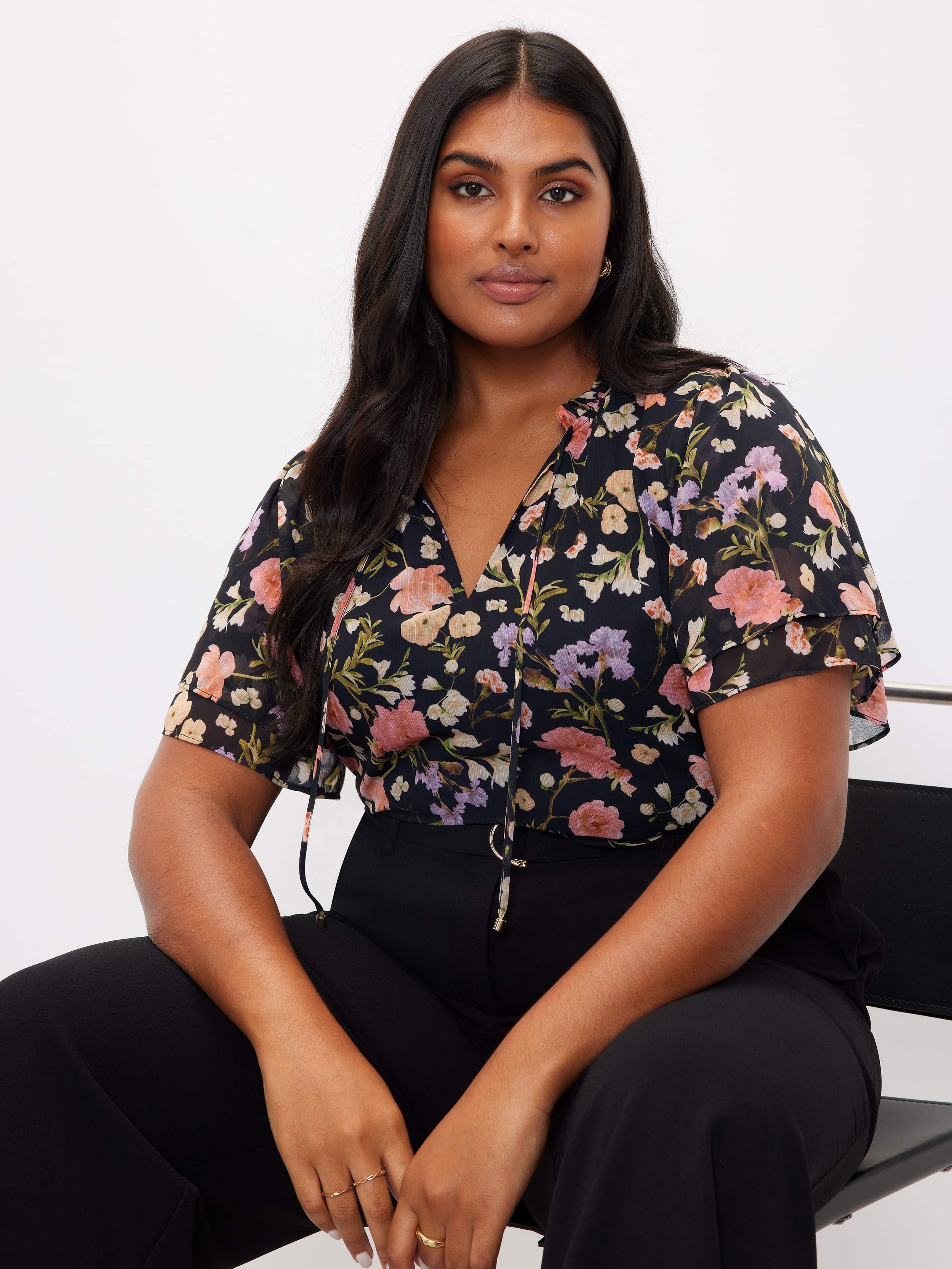 Curve Stella Flutter Sleeve Top Autumn Rose - Portmans Online