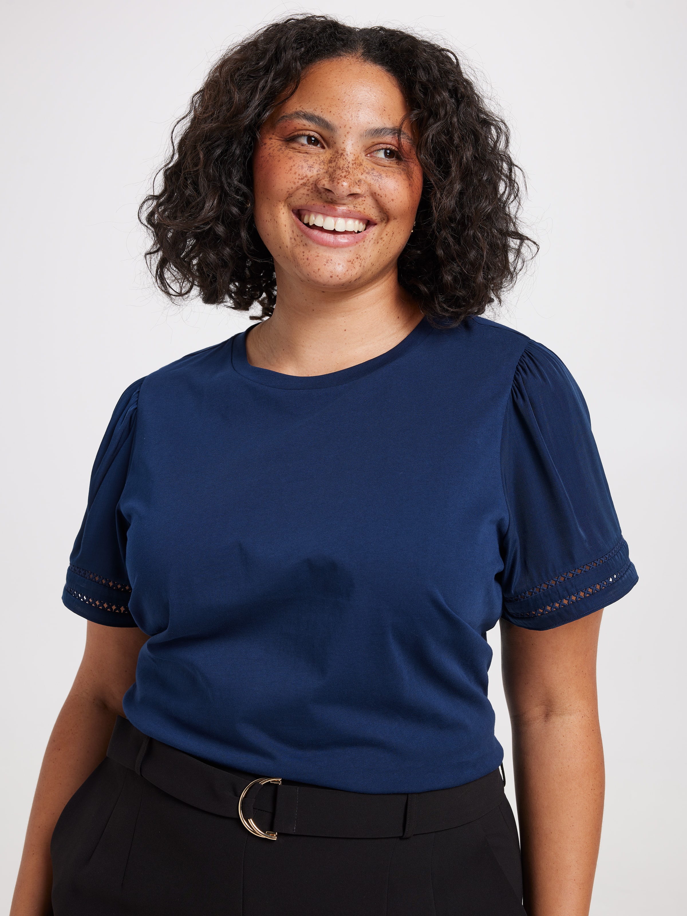 Curve Luna Lace Sleeve Tee Russian Navy - Portmans Online