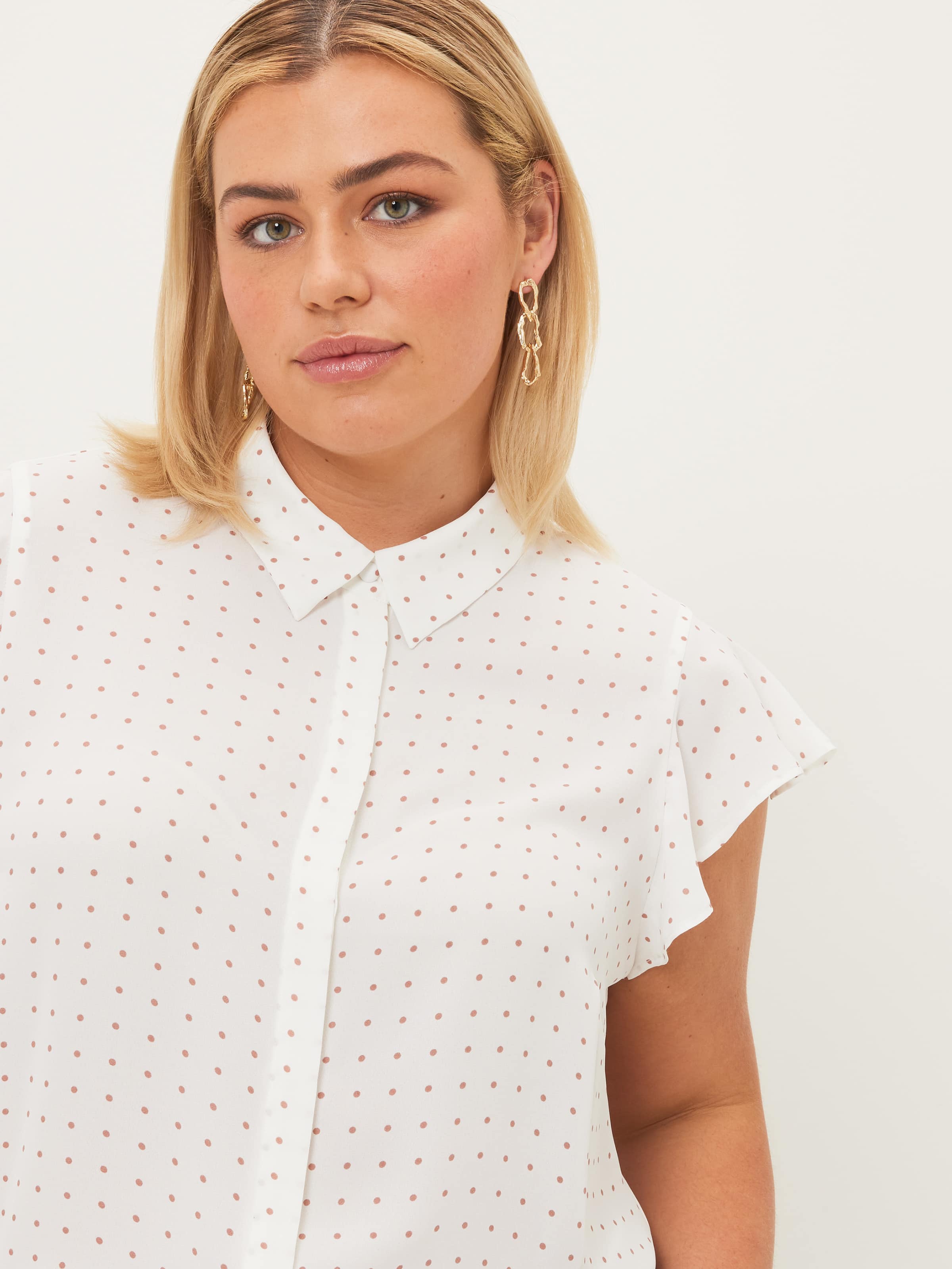 Curve Aria Ruffle Sleeve Shirt Toffee Spot - Portmans Online