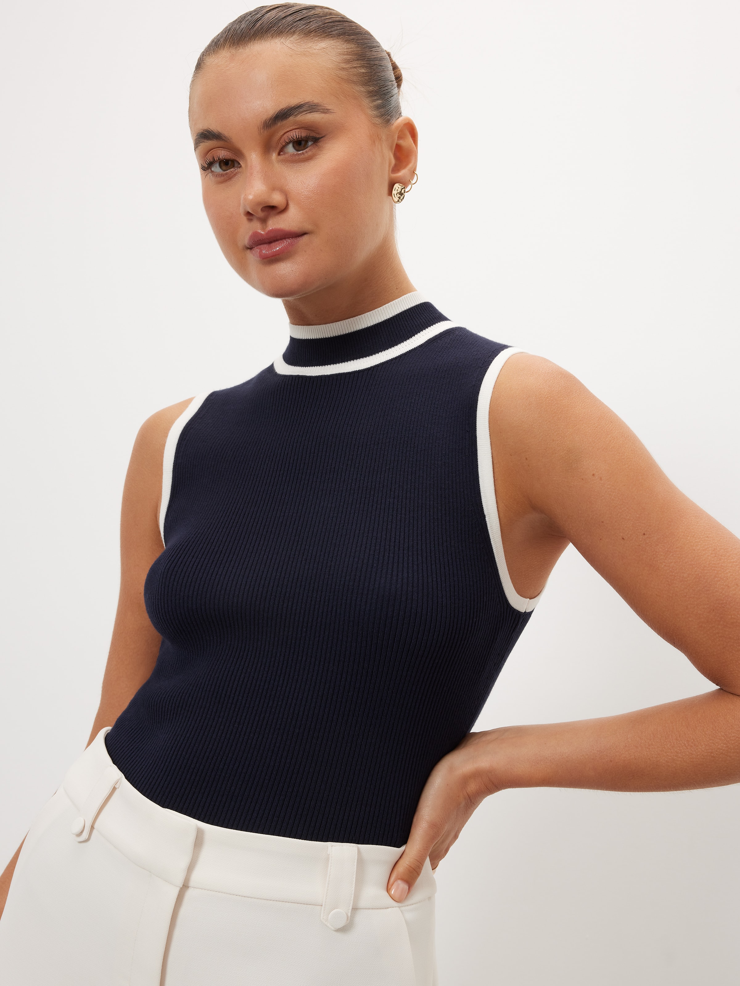 Libby High Neck Knit Navy Ivory - Portmans Online