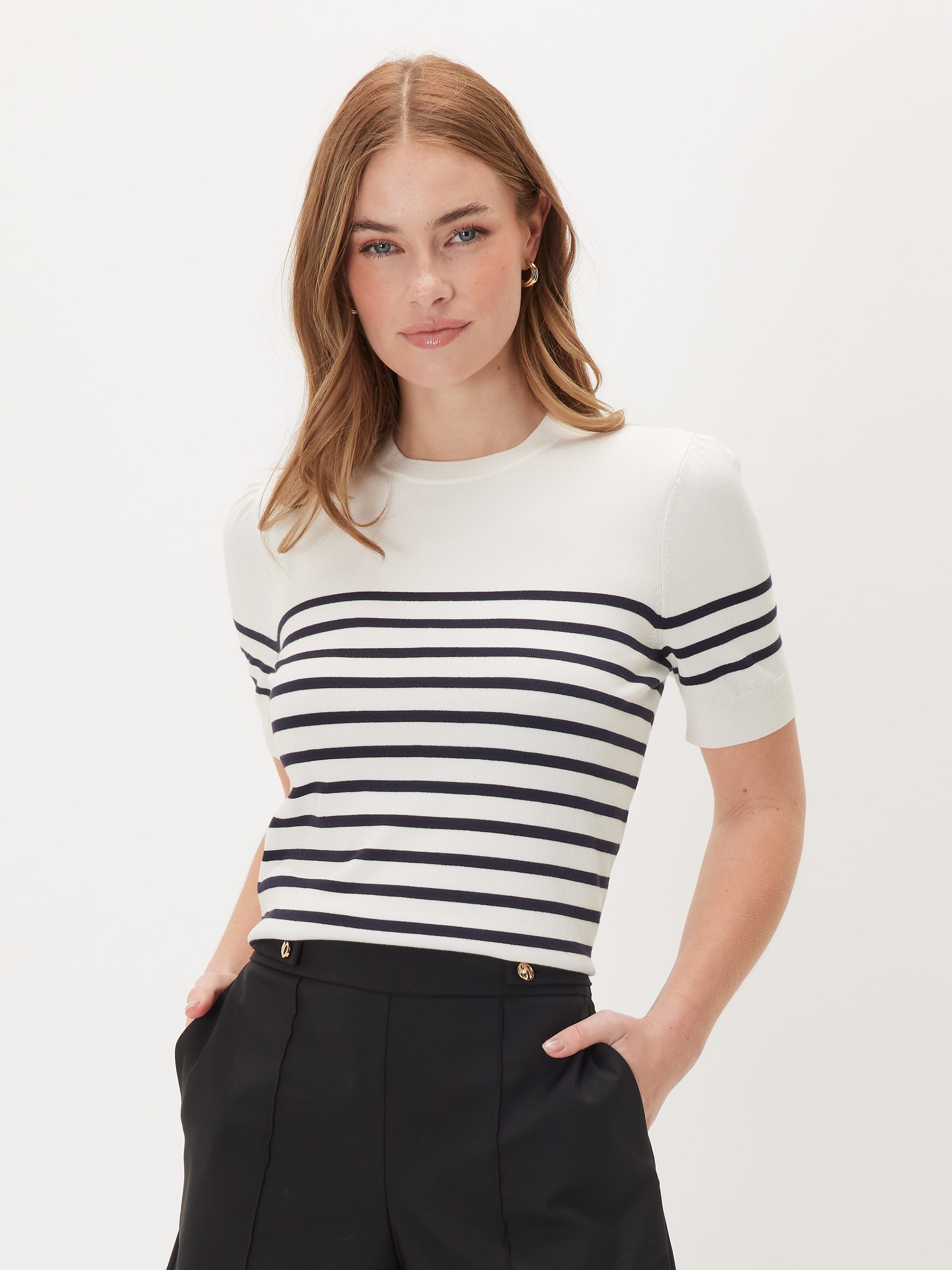 Polly Puff Sleeve Knit Navy Stripe - Portmans Online