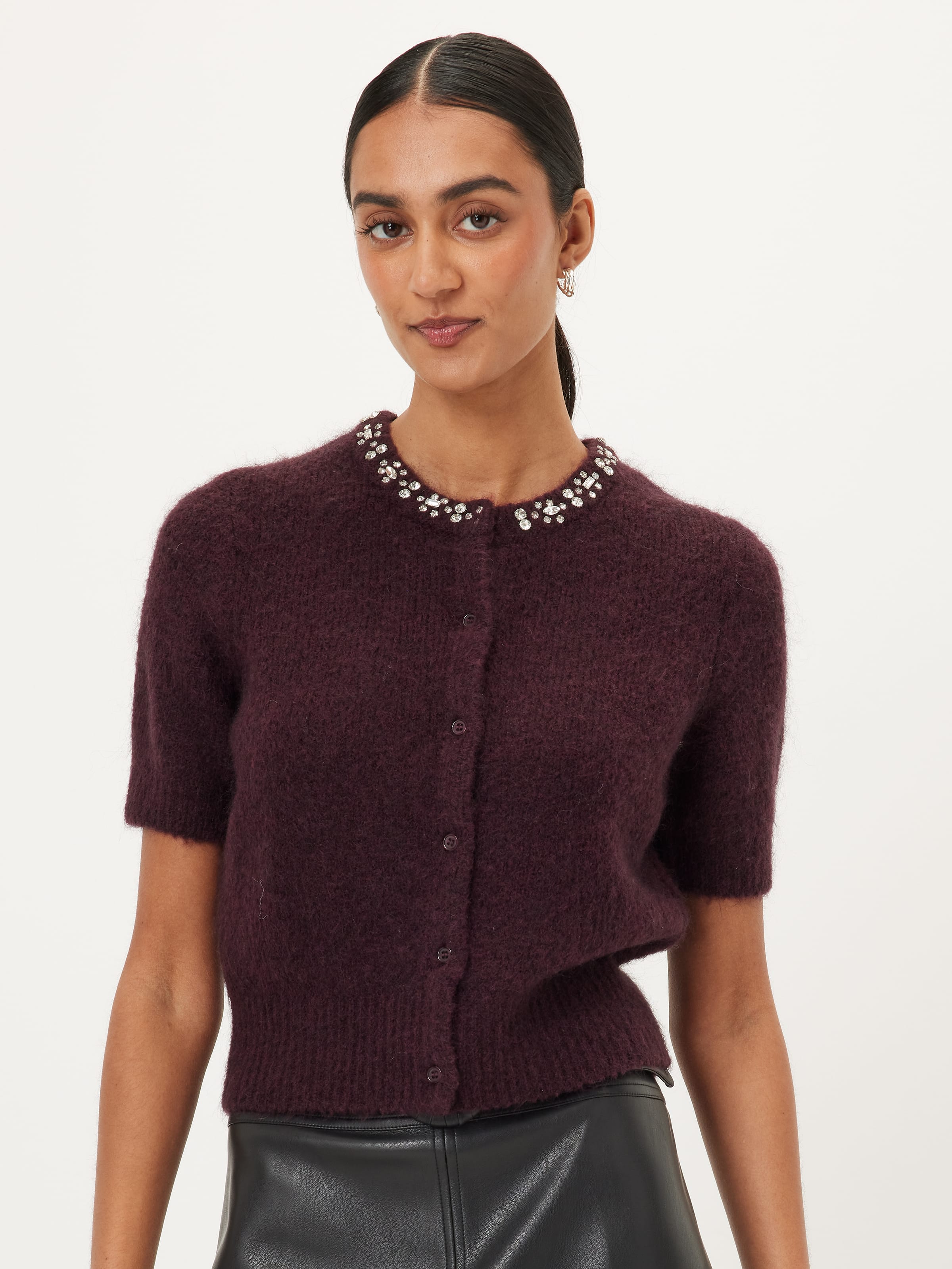 Ella Embellished Short Sleeve Cardigan Aubergine - Portmans Online