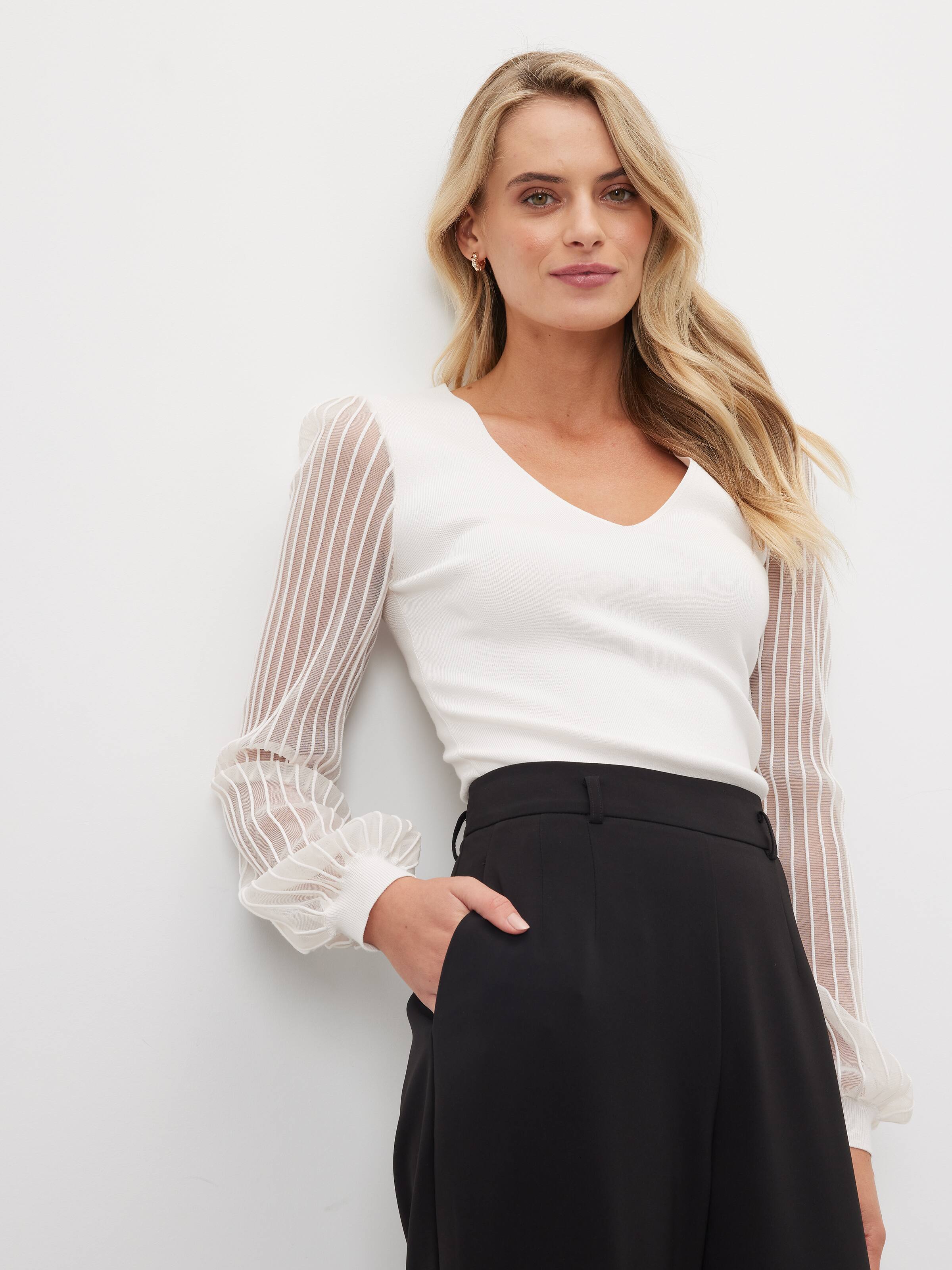 Bronte Sheer Sleeve Knit Top Birch - Portmans Online