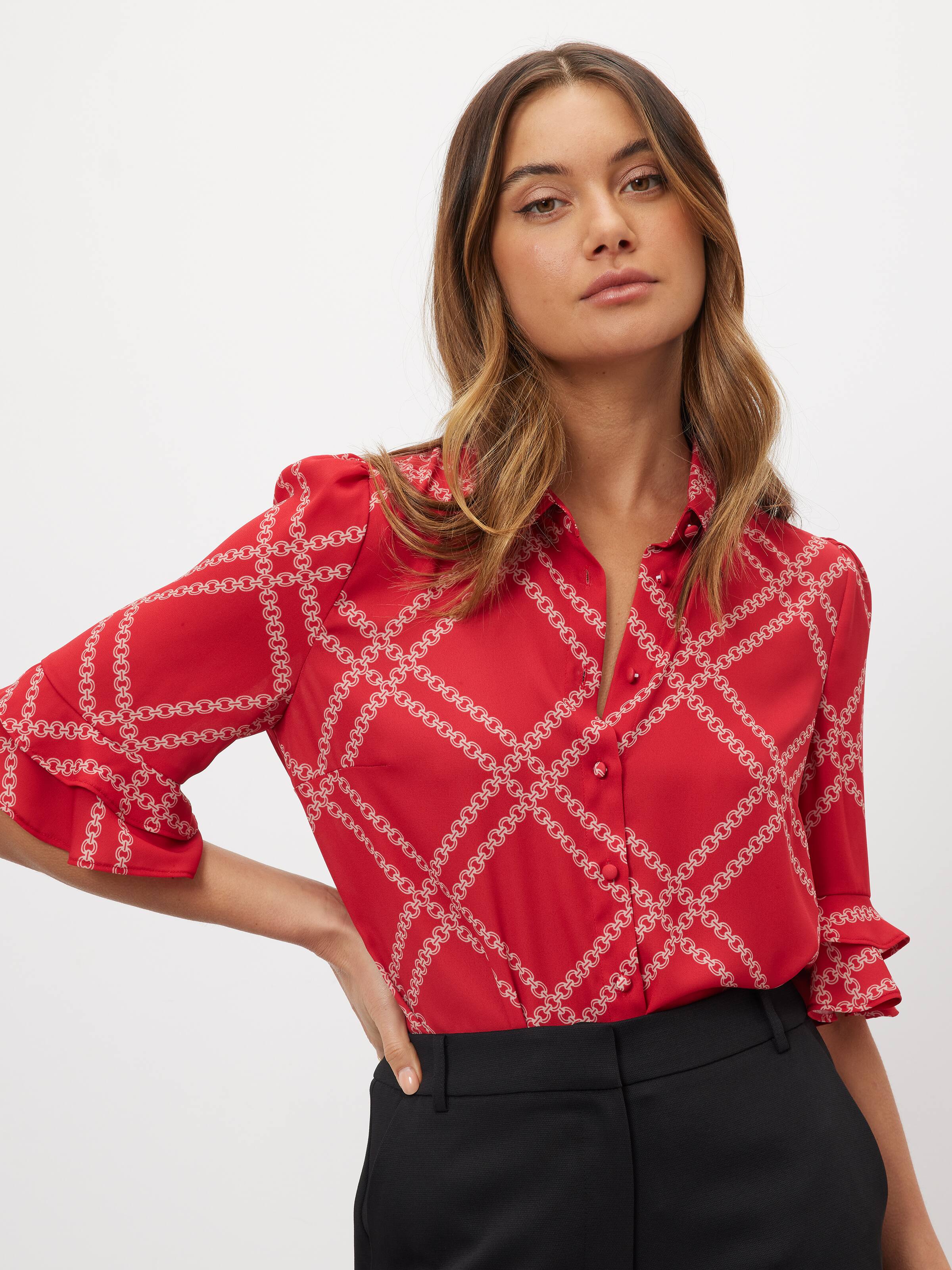 Kayla Button Up Shirt Cross Chain Red - Portmans Online