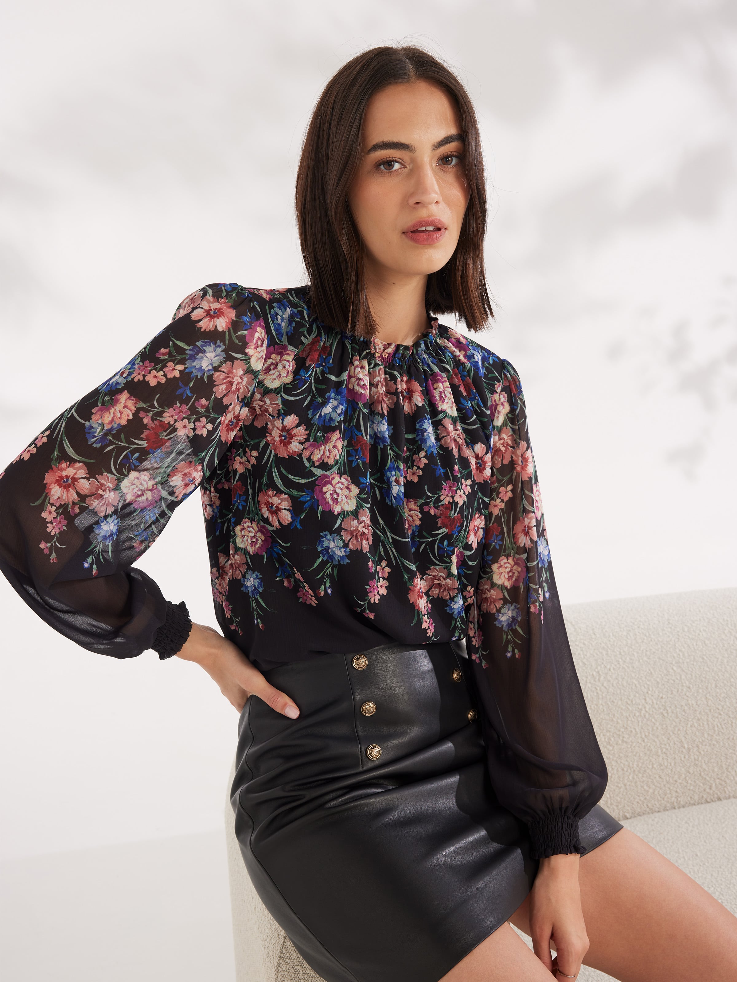 Gabby Yoryu Gathered Neck Top Evening Bloom - Portmans Online