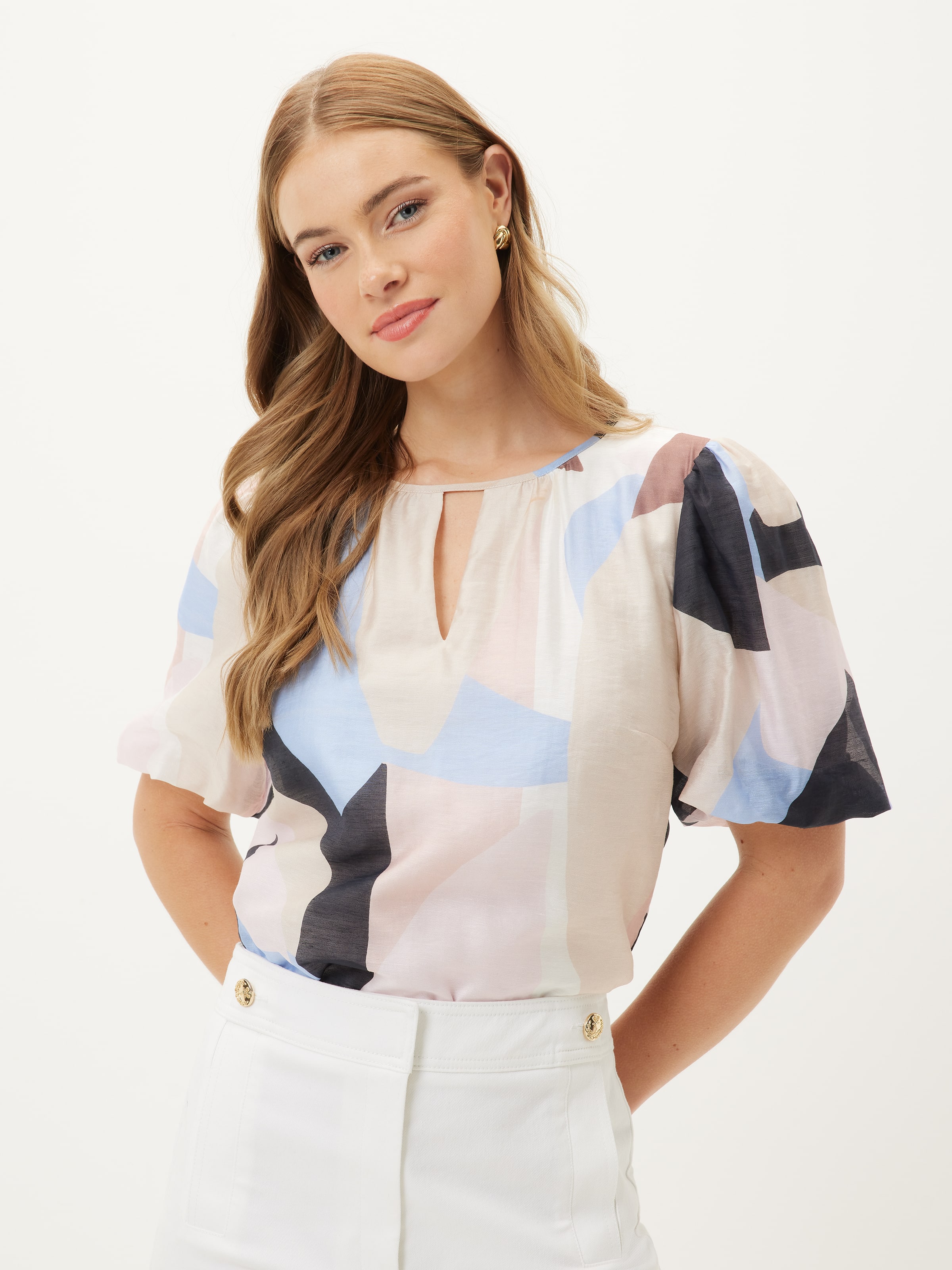 Alice Puff Sleeve Top Pastel Geo - Portmans Online