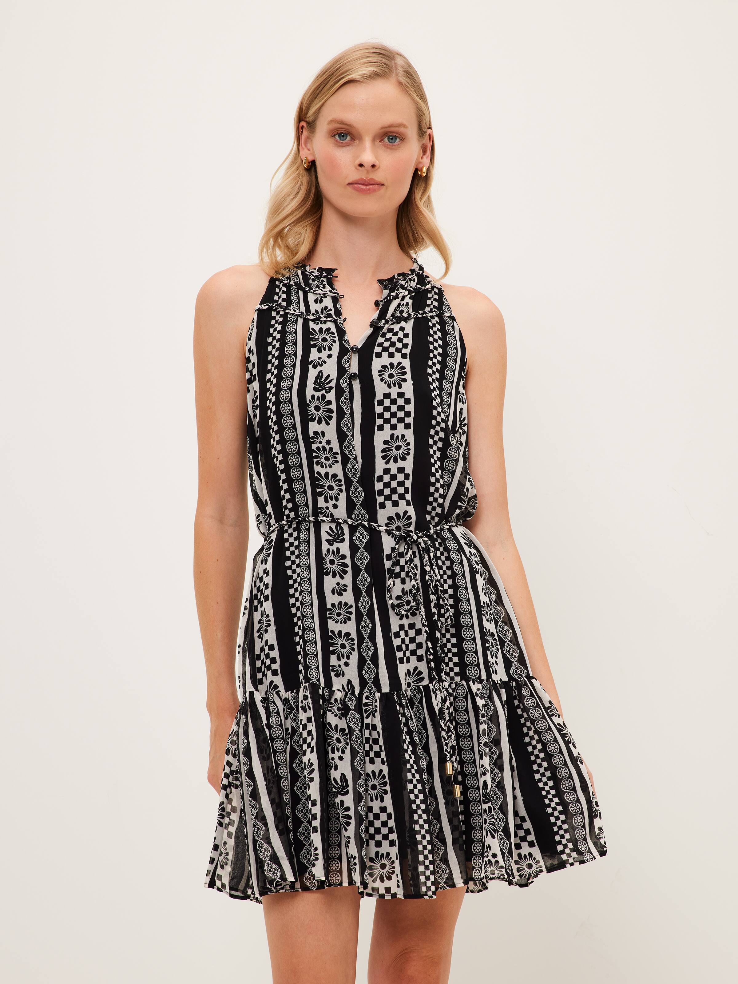 Astrid High Neck Short Dress Sun Grid Black - Portmans Online