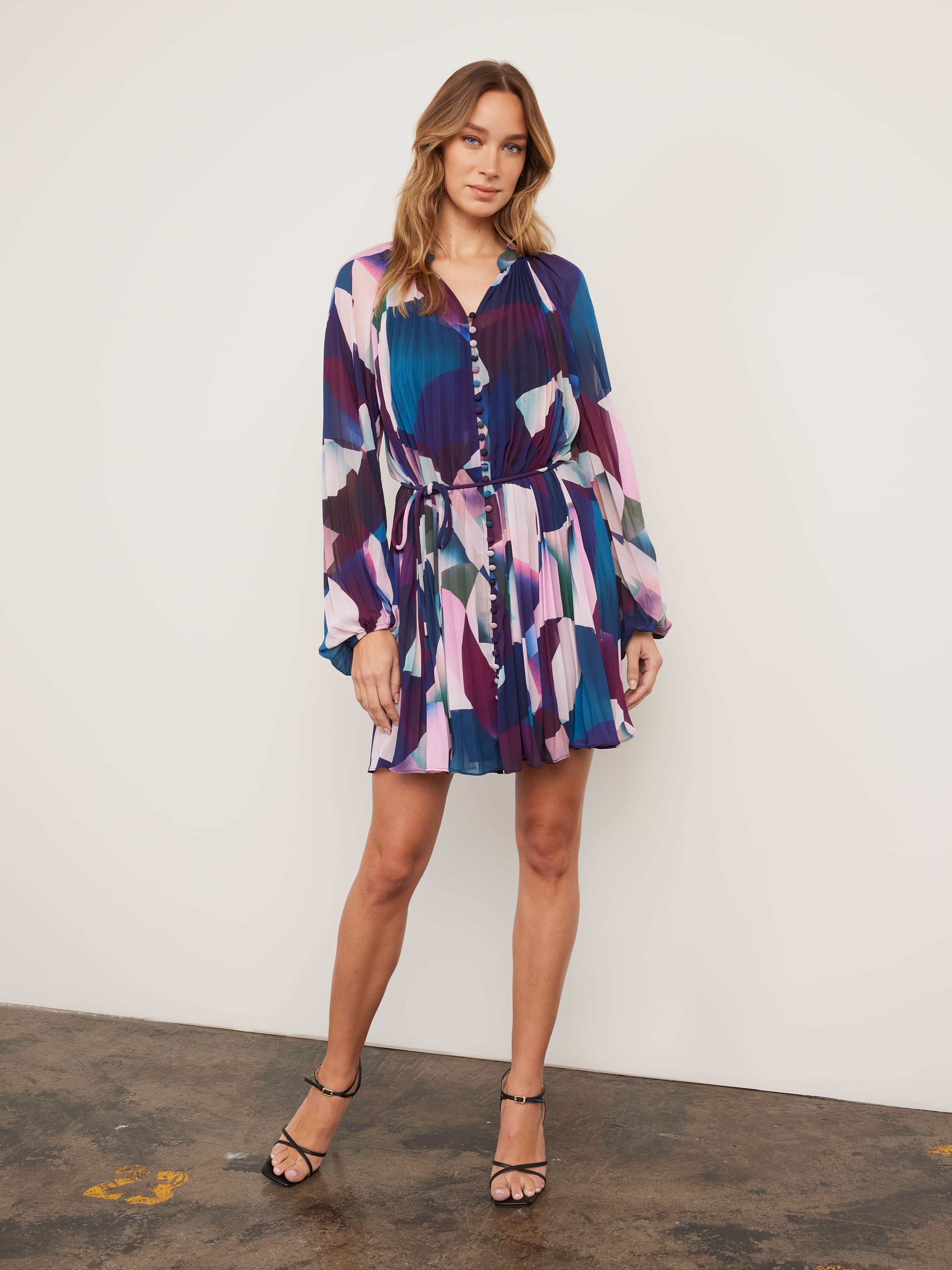 Luna Pleated Shift Dress Midnight Geo - Portmans Online